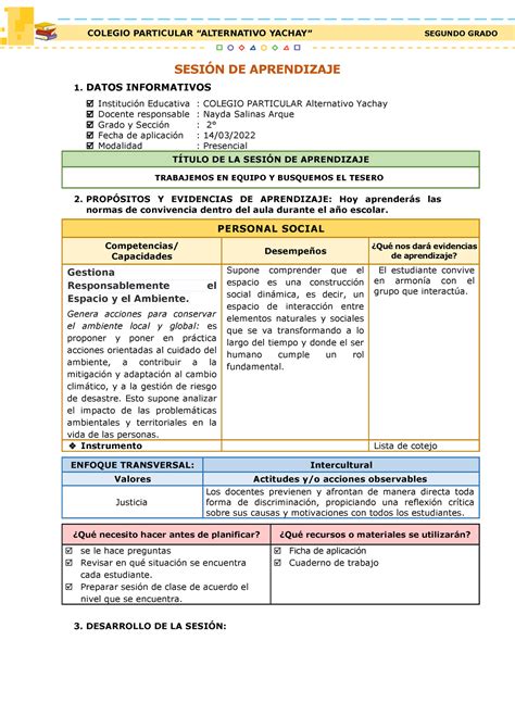 Sesion De Aprendizaje N Personal Social Segundo Grado Primaria The