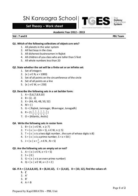 set theory worksheet