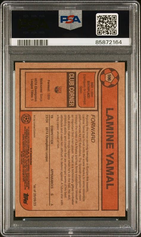 2023 Topps Living UCL 596 Lamine Yamal RC PSA 10 Gem Mint FC Barcelona