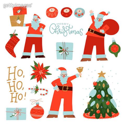 Set Of Cartoon Santa Claus Characters With Holiday Elements Happy