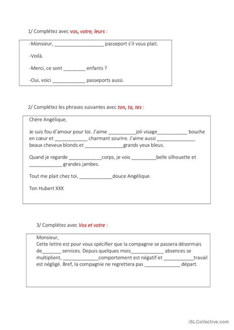 D Terminants Possessifs Pratique De Fran Ais Fle Fiches Pedagogiques