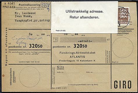 1 kr Rigsvåben single på retur Indkasserings Indbetalingskort fra