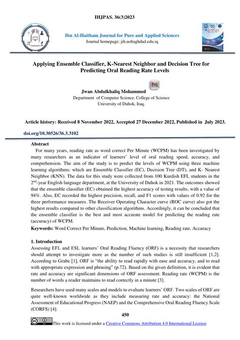 pdf applying ec knn dt for predicting oral reading fluency