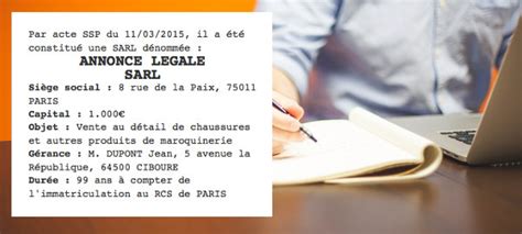 Annonce légale de SARL Publication et Modèle Gratuit Le Légaliste