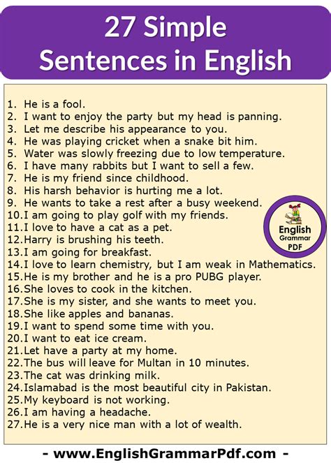 Simple Sentences Examples In English English Grammar Pdf