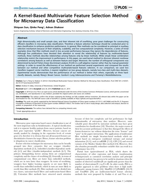 pdf a kernel based multivariate feature selection method for microarray data classification