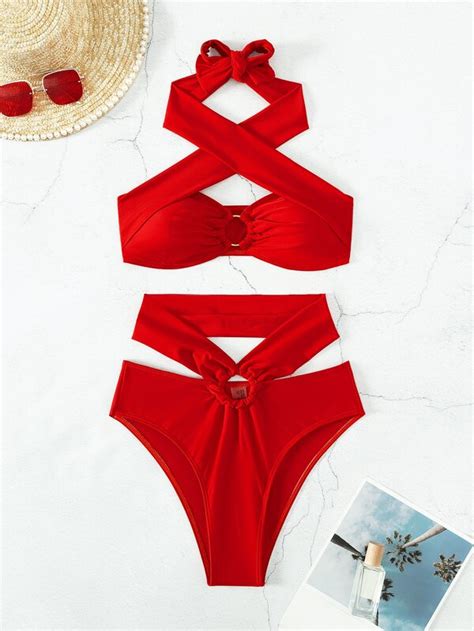 SHEIN Swim SXY Mono Bikini Set O Ring Criss Cross Halter Top High