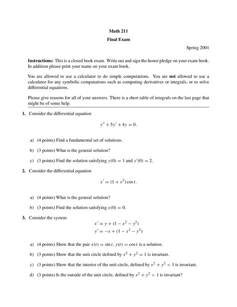 final exam ordinary differential equations and linear algebra math 211 docsity