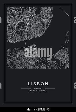 Mapa imprimible en blanco y negro de la ciudad de Lisboa diseño de