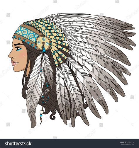 Native American Indian Girl Chief Headdress Vetor Stock Livre De
