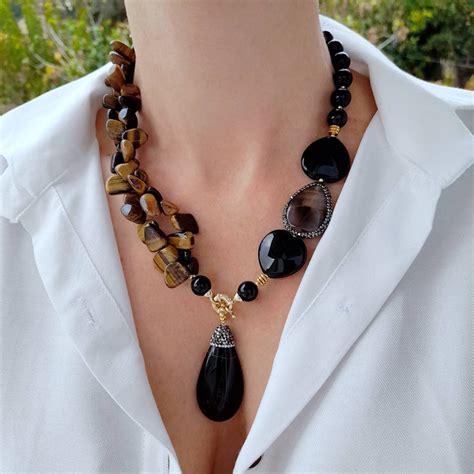 Raw Tigers Eye Black Onyx Beaded Pendant Necklace For Women Statement