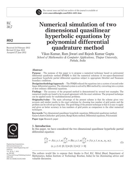pdf numerical simulation of two dimensional quasilinear hyperbolic equations by polynomial
