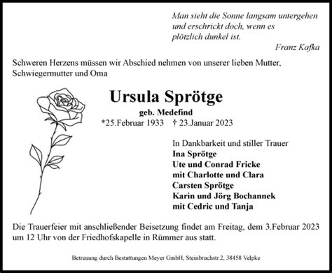Traueranzeigen Von Ursula Spr Tge Trauer De