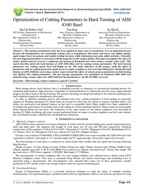 optimization of cutting parameters in hard turning of aisi 4340 steel pdf design of