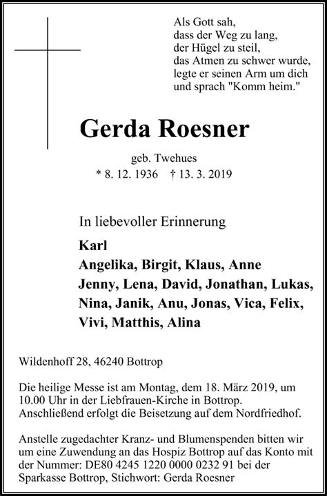 Traueranzeigen Von Gerda Roesner Trauer In NRW De