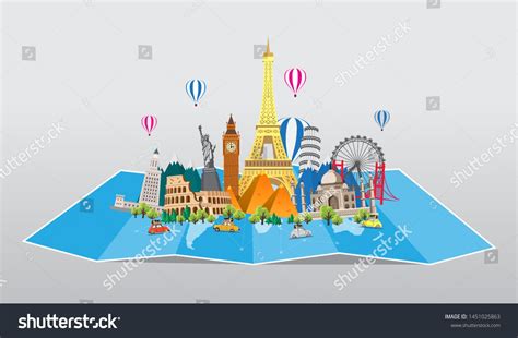 Travel To World Road Trip Big Set Of Famous Landmarks Of The World
