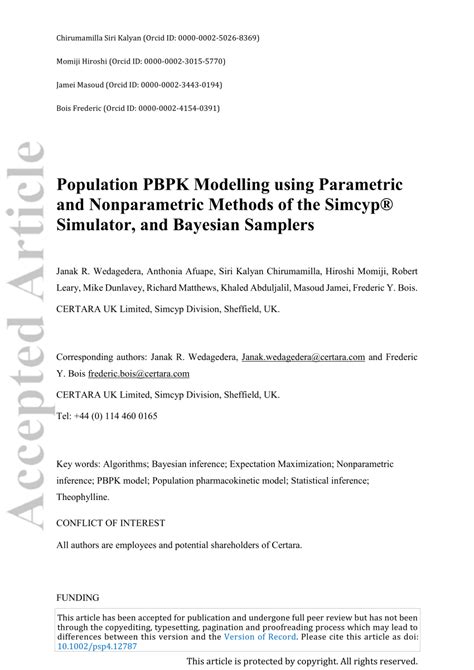 pdf population pbpk modelling using parametric and nonparametric methods of the simcyp