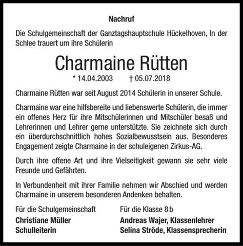 Traueranzeigen Von Charmaine R Tten Aachen Gedenkt