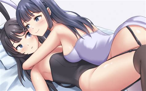 Rule 34 2girls Bed Bunny Ears Bunnysuit Garter Straps Hug Looking At Another Lying Down