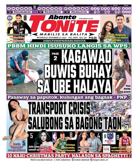 Tonite Front Page Balita Ngayong Disyembre 27 2023 Abante Tonite