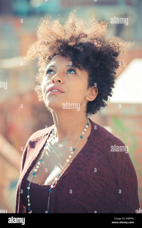 Beautiful Black Curly Hair African Woman In Town Stock Photo Alamy