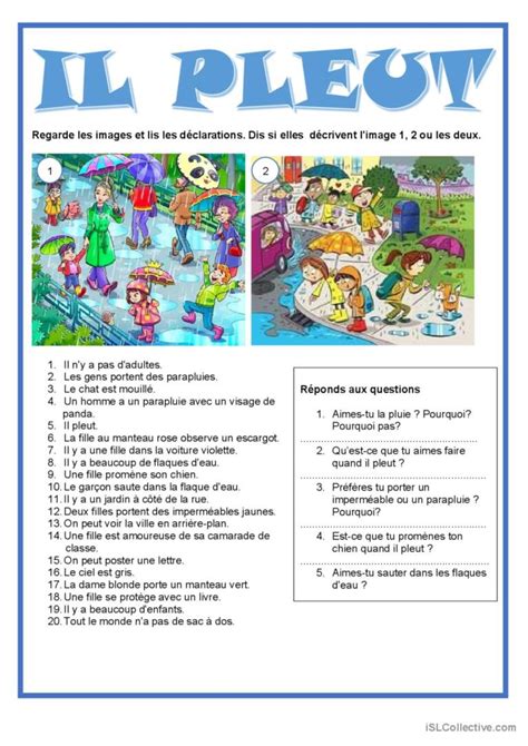 Description image Il pleut compréh Français FLE fiches pedagogiques