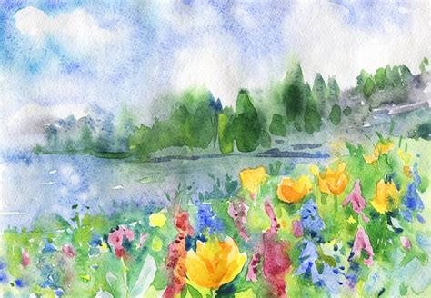 Aquarela Paisagem Flores Lago E Floresta Foto Premium