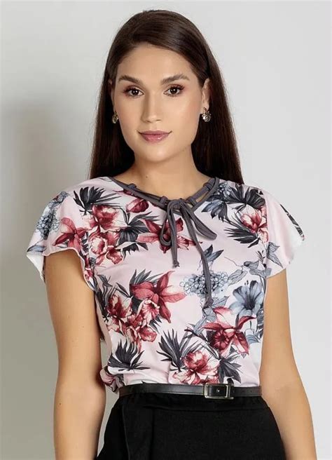 Blusa Floral Rosê Amarração Moda Evangélica Rosalie
