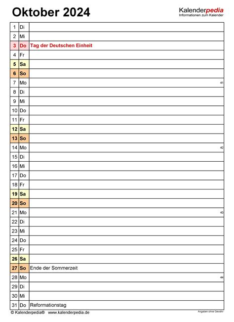 Kalender Oktober 2024 Als Excel Vorlagen