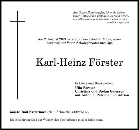 Traueranzeigen von Karl Heinz Förster rz trauer de