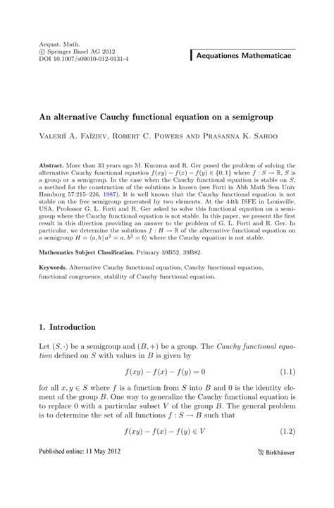 pdf an alternative cauchy functional equation on a semigroup
