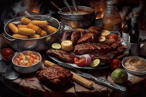 Una Pintura De Una Mesa Llena De Comida Que Incluye Carne Verduras Y