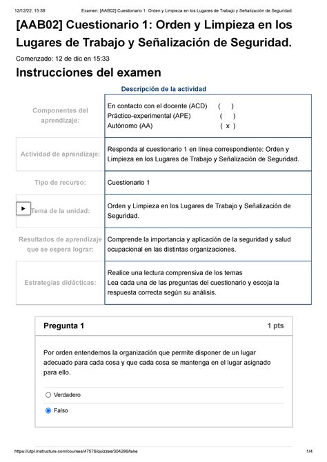 Examen Aab Cuestionario Orden Y Limpieza En Los Lugares De