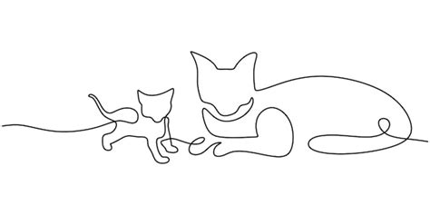 Uma única linha contínua da mãe gata seu gatinho isolado no fundo