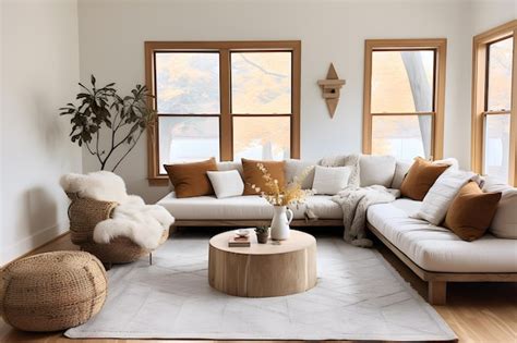 Premium Ai Image Sophisticated Beige And White Living Room Decor