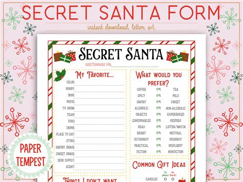Printable Secret Santa Questionnaire Secret Santa Template For Work