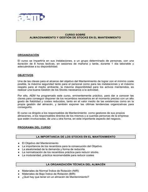 almacenamiento y gestión de stocks en el mantenimiento