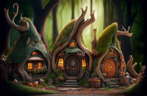 Casas de fantasía hobbit con luces pueblo de cuento de hadas en bosque