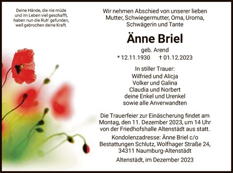 Traueranzeigen von Änne Briel Trauer HNA de