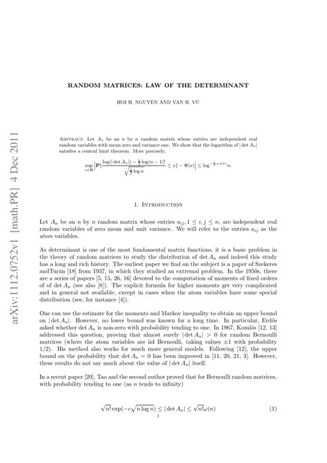 pdf random matrices law of the determinant