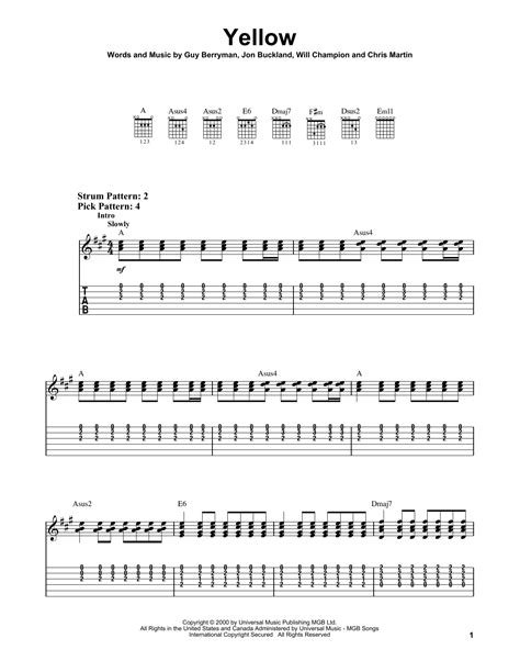 Yellow By Coldplay Sheet Music For Easy Guitar Tab At Sheet Music Direct