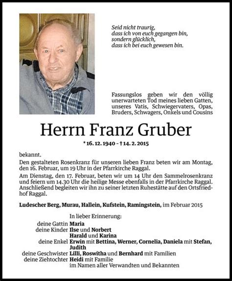 Todesanzeigen Von Franz Gruber Todesanzeigen Vorarlberger Nachrichten