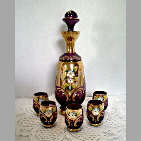 Vintage Murano Glass Enameled Decanter And Cordial Set