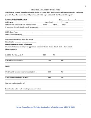 Fillable Online TWEEN AND ADOLESCENT INTAKE FORM This Form Is To Be