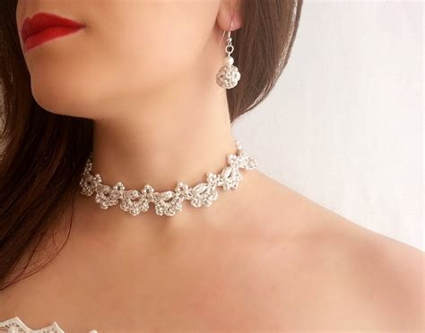 Ivory Pearl Choker Necklace Set Bridal Necklace And Earring Etsy