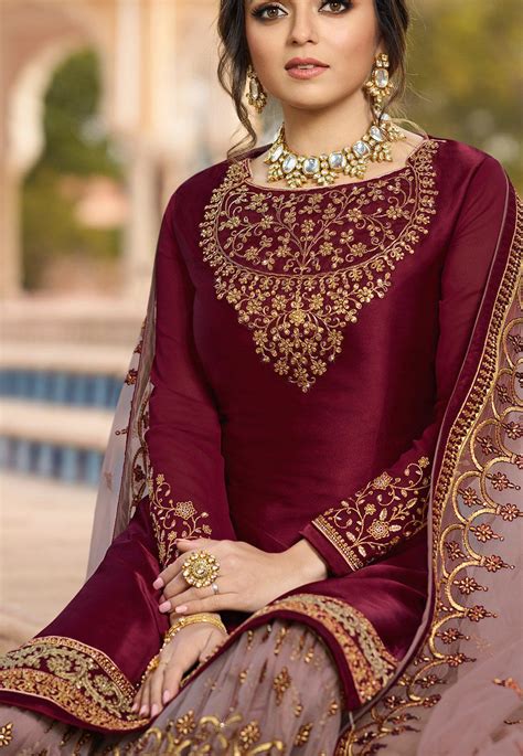 Drashti Dhami Wine Satin Georgette Embroidered Sharara Style Suit
