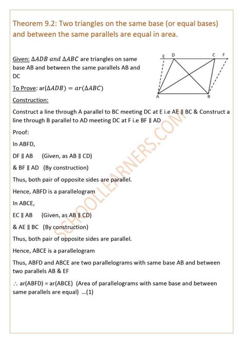 class 9 chapter 9 theorem 9 2 two triangles on the same base or equal bases and between the