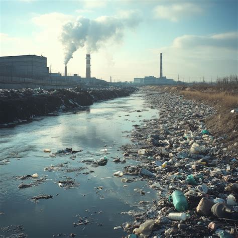 Um rio poluído flui através de uma área industrial destacando o