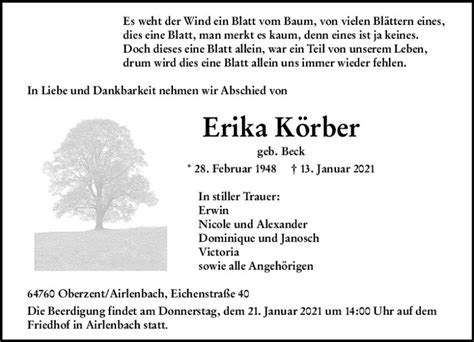 Traueranzeigen von Erika Körber vrm trauer de