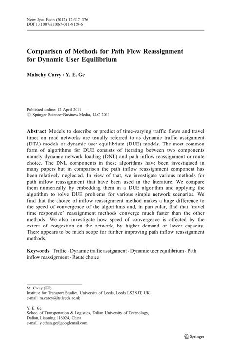 pdf comparison of methods for path flow reassignment for dynamic user equilibrium